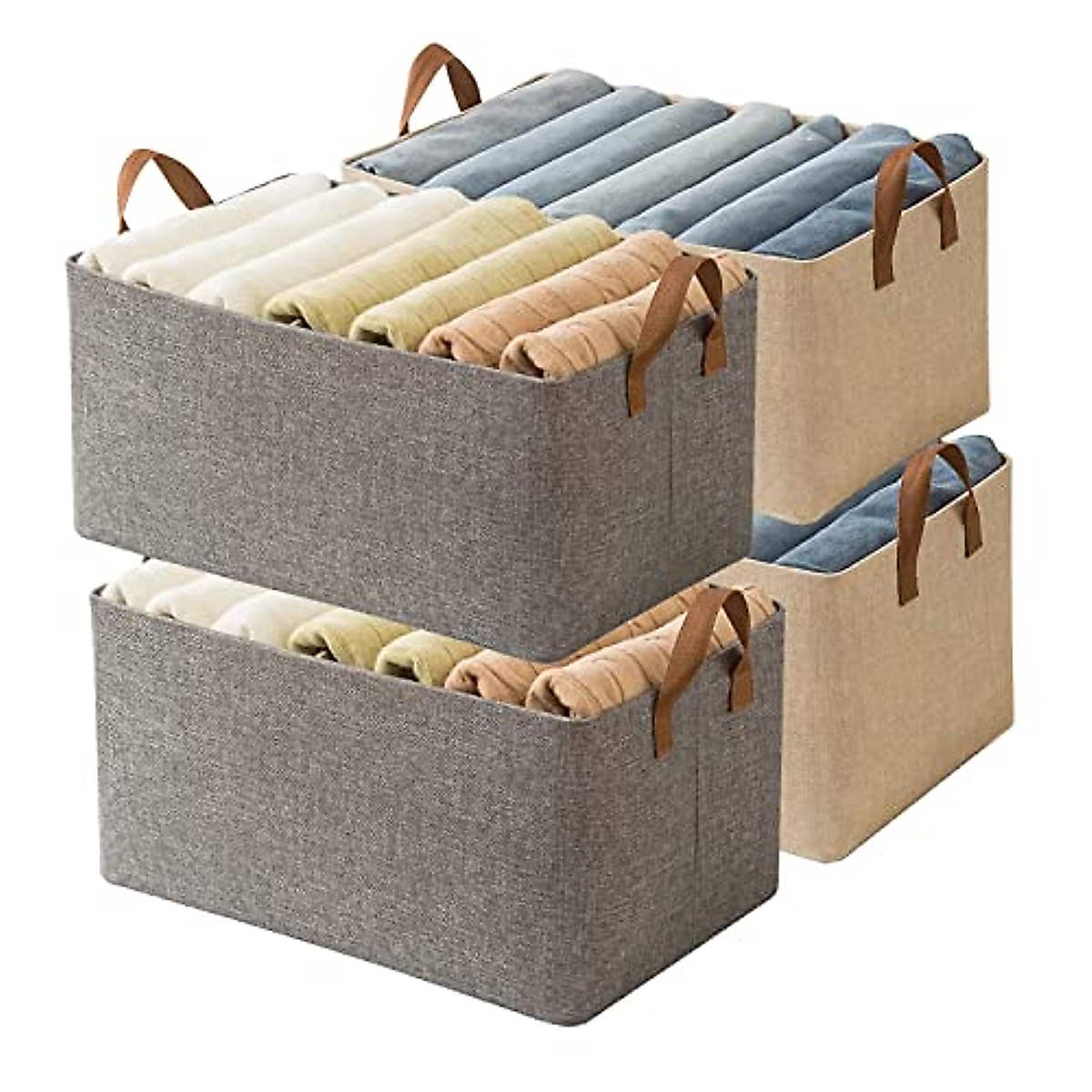 AARAINBOW 4 Pcs Closet Clothes Organizer with Handle, Fabric storage Box with Steel Frame Stackable Shelf Storage Baskets Foldable Storage Baskets for Organizing clothes Toys, 23L (2 Gray 2 Beige)