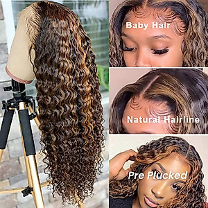 BLY Highlight Human Hair Lace Front Wigs Deep Wave #4/27 Ombre Colored Glueless Wigs Pre Plucked 18 Inch 4x4 Transparent Curly Water Wave Lace Wig Honey Blonde Real Human Hair 180% Density