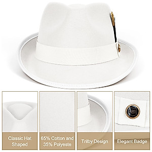 FADACHY Fedora Hats for Men & Women Short Brim Felt Hat Trilby Fedora with Feather Panama Dress Hat White Fedora M-L