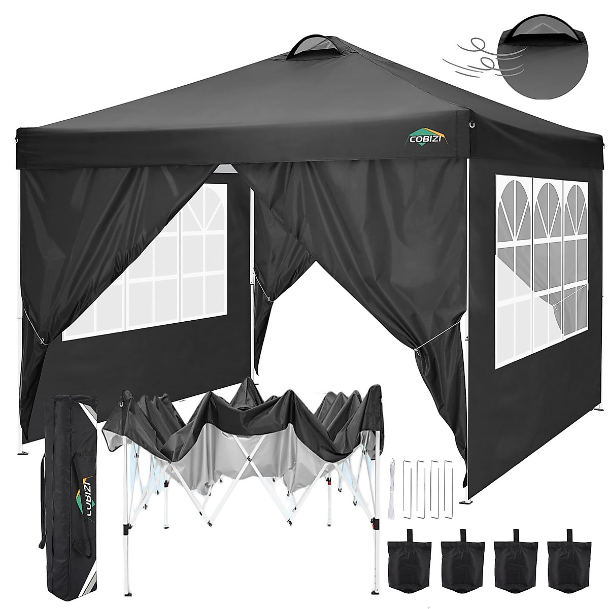 COBIZI 10x10 Ez Pop Up Canopy Tent with 4 Sidewalls Commercial Instant Gazebo Tents for Parties,Waterproof Adjustable Outdoor Patio 10x10 Heavy Duty Canopy Party Tent with 4 Sand Bags,8 Stakes(Black)