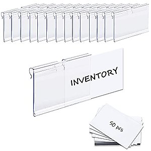 Basket Labels Clip On,50PCS Clear Plastic Bin Clip Labels for Baskets,Wire Shelf Price Labels,Labels for Storage Bins,Merchandise Sign Display Holder,50PCS 6X4CM Label Inserts Included. (CQTP0000)