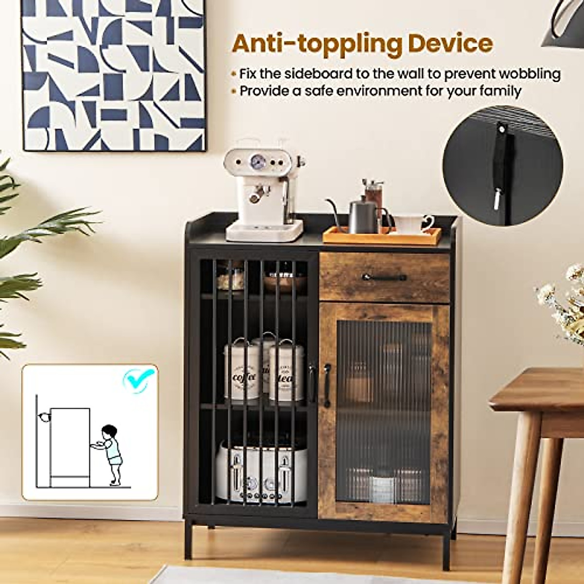 Giantex Buffet Sideboard, Industrial Cupboard with 2 Cabinets and 1 Drawer, Multipurpose Wooden Kitchen Coffee Bar Station for Living Room Hallway