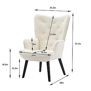 Dolonm Modern Accent Chair Tufted Button Wingback Reading Chair with Arms Upholstered Tall Back Teddy Fleece Fabric Chair with Solid Wood Legs for Living Room Bedroom Waiting Room (White)