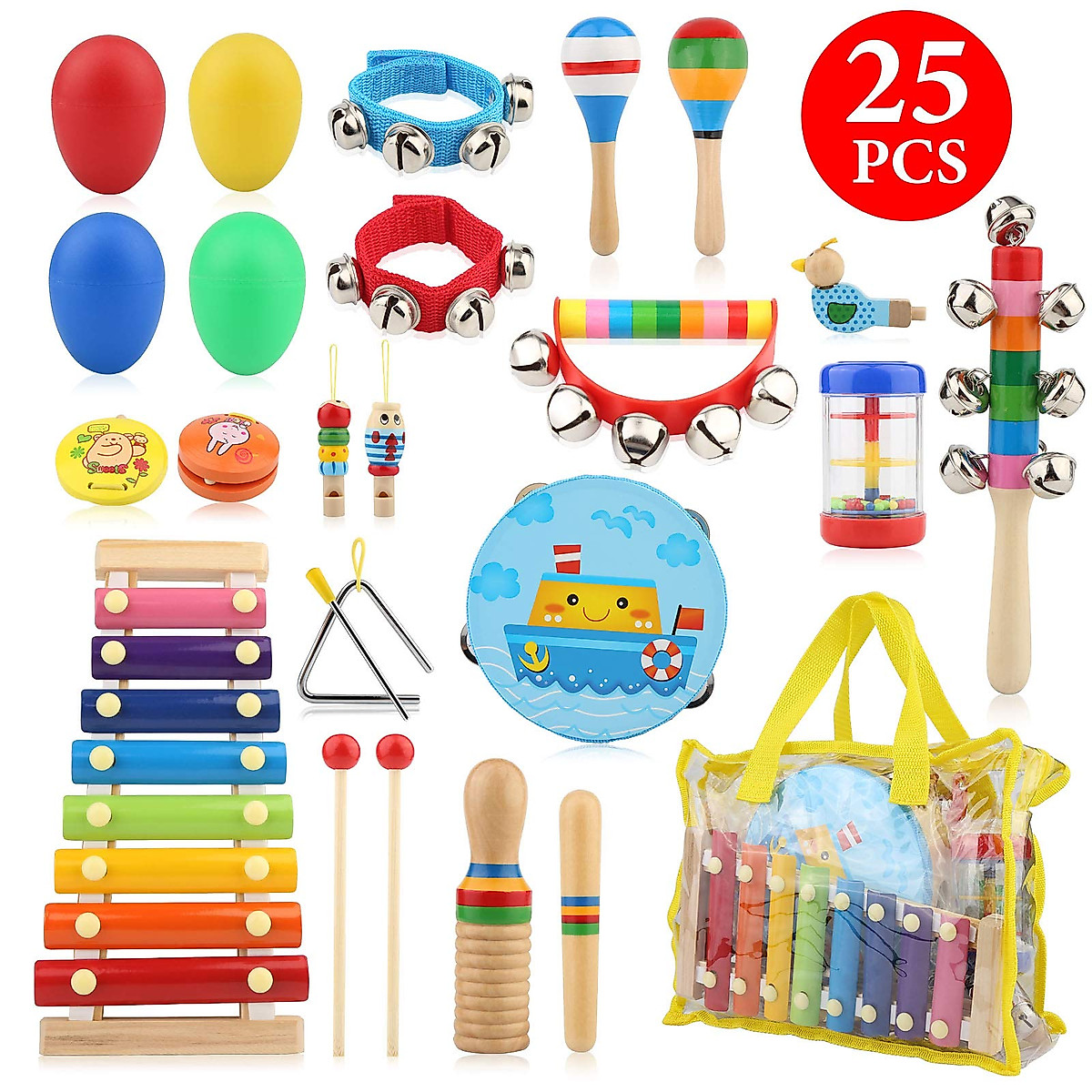 Toys for Toddlers, 25 Pcs Wooden Musical Percussion Instruments, Preschool Educational Learning Tambourine Xylophone Toys for Toddlers Kids Children with Storage