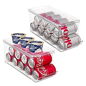 Set of 2 Stackable Refrigerator Organizer Bins Pop Soda Can Dispenser Beverage Holder for Fridge, Freezer, Kitchen, Countertops, Cabinets - Clear Plastic Canned Food Pantry Storage Rack Holds 9 Cans