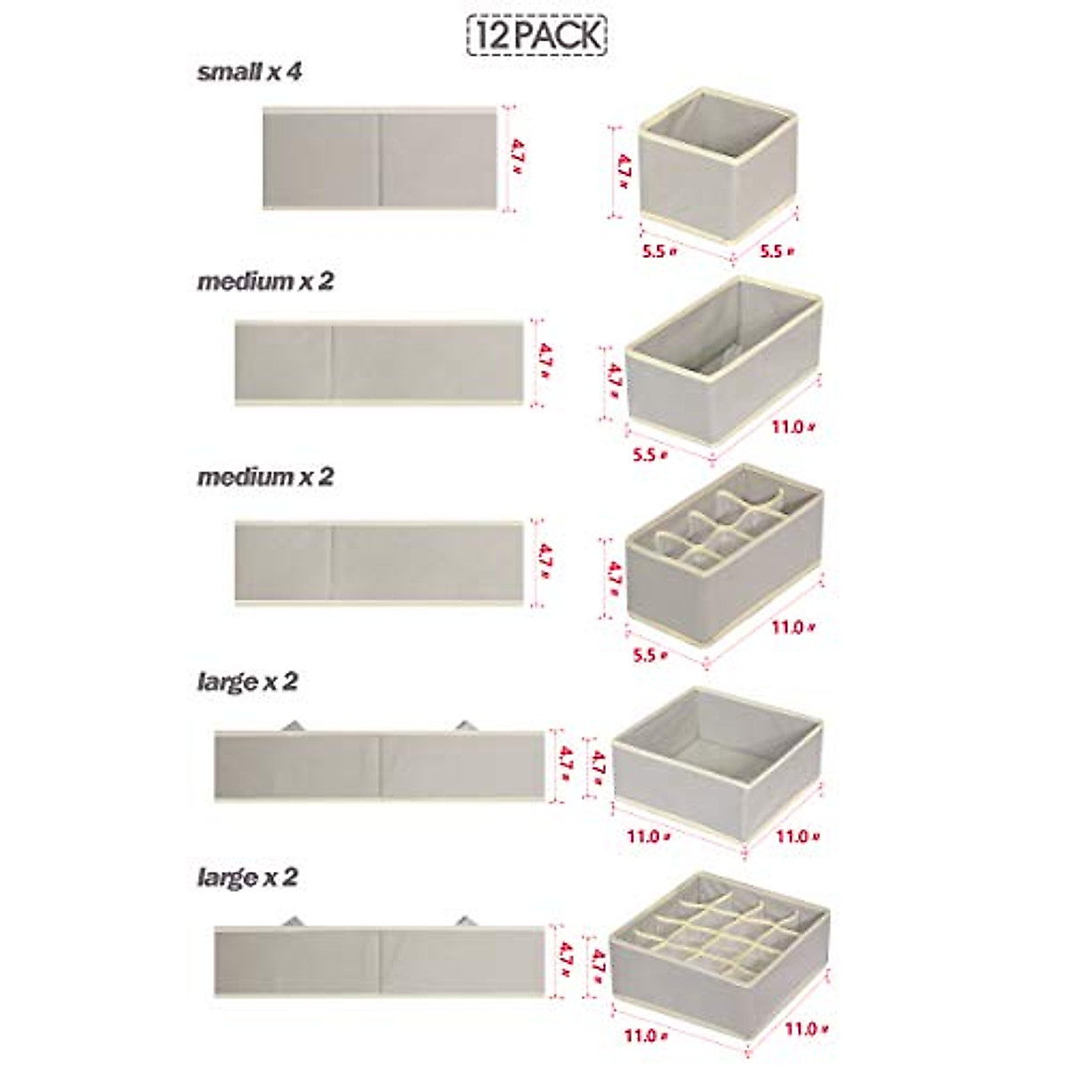 TENABORT 12 Pack Foldable Drawer Organizer Dividers Cloth Storage Box Closet Dresser Organizer Cube Fabric Containers Basket Bins for Underwear Bras Socks Panties Lingeries Nursery Baby Clothes Gray