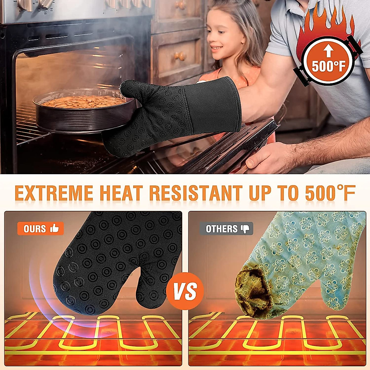 Oven Mitts and Pot Holders Set: 500℉ Heat Resistant Oven Gloves with Ovenmitts Hotpads and Kitchen Towels - Extra Long Kitchen Mittens and Potholders with Non-Slip Silicone Surface Safe for Cooking