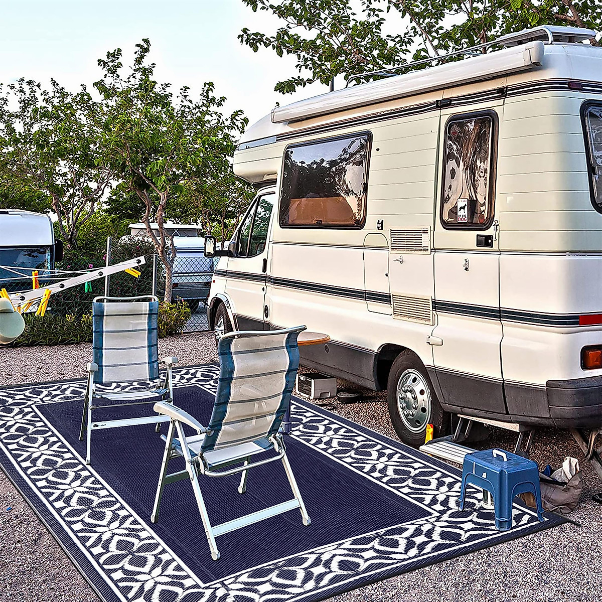 PureCozy Outdoor Plastic Straw Rug Navy Blue Waterproof Indoor Outdoor Patio Rug 5x8 Carpet Geometric Reversible Mat Modern Washable Large Outside Area Rug for Camping RV Porch Deck Balcony Beach