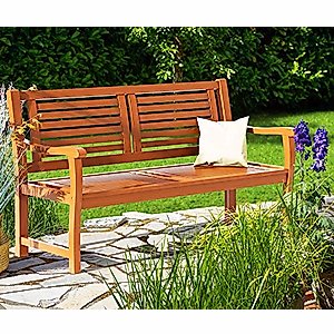 cucunu Outdoor Patio Bench Eucalyptus Wood with Sturdy Armrests and Back for Garden Front Porch 350 Lbs Weight Capacity 2-Seater Outdoor Furniture Park Benches Small Wooden Chair Natural Oiled