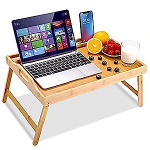 Bamboo Breakfast Bed Table with Legs 20 Inch Lap Trays for Adults Eating,Removable Media Slot Food Trays for Eat on Bed Trays for Adults