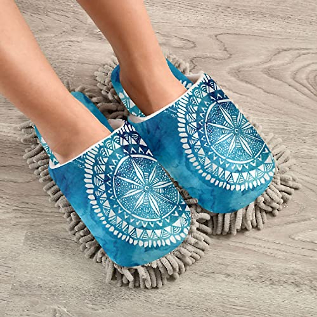 Blue Watercolor Mandala Mop Slippers Shoes Cover for Floor Cleaning Washable Hair Dust Dirty Cleaners Microfiber Mop Socks for House Kitchen Office