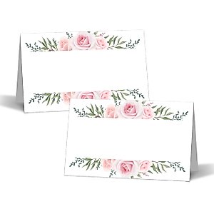 Zmyollo Blush Pink Floral Table Place Cards - 25PCS Tent Cards - 2.1” x 3.5“ Food Lables - Name Place Cards for Table Setting - Name Cards for Birthday Party Baby Shower - Scored for Easy Folding -15