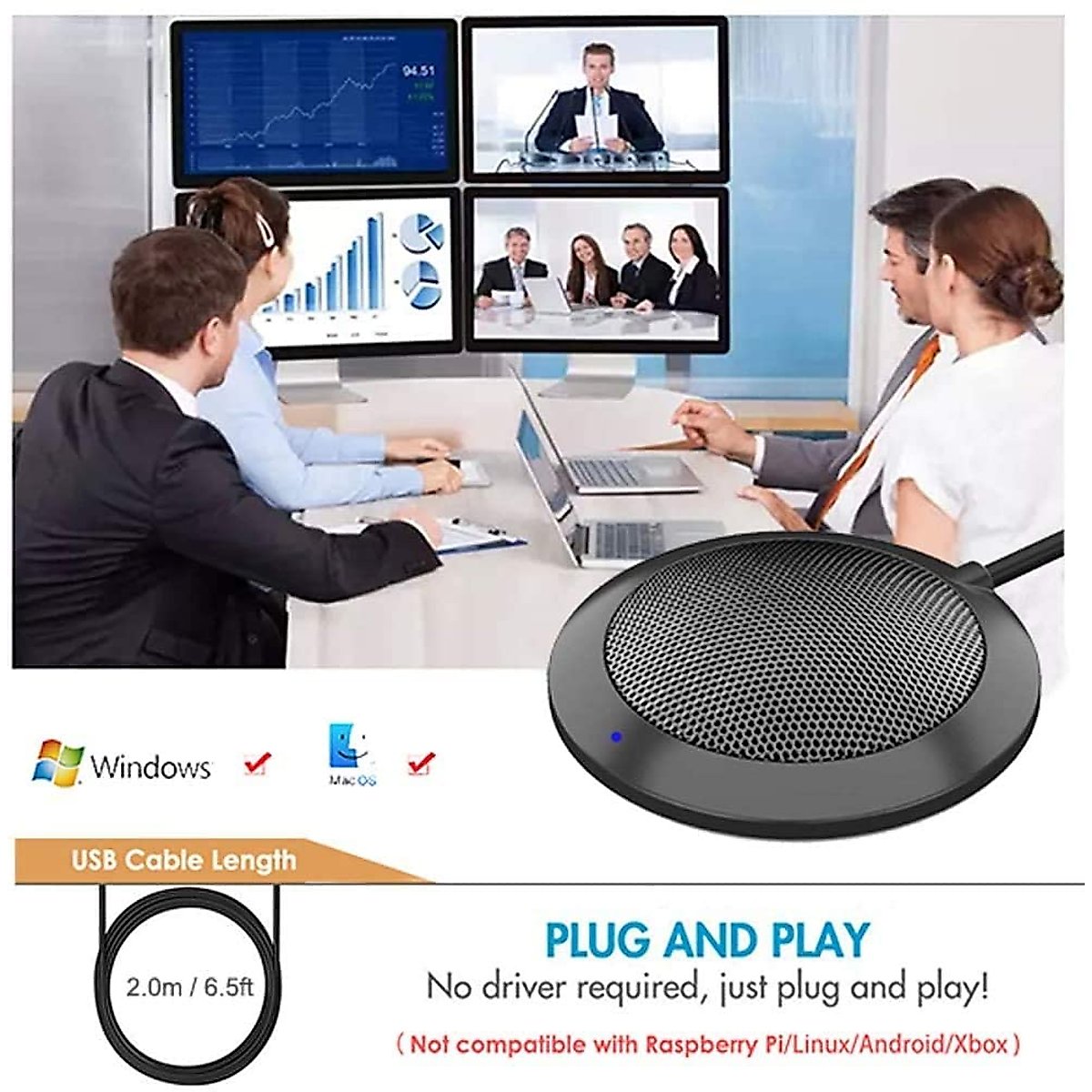 Conference USB Microphone, Computer Desktop Mic with LED Indicator, TKGOU Plug & Play Omnidirectional Condenser PC Laptop Mics for Online Meeting/Class,Skype,Recording,Chatting,Zoom,(Windows/Mac OS X)