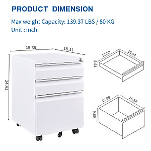 YAOACXIN Mobile Filing Cabinet with Lock and 3 Drawers Steel File Cabinet On Wheels for Legal/Letter Size (White)