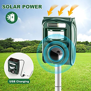 2024 Ultrasonic Animal Repellent, Solar Powered Outdoor Squirrels Deterrent with LED Flashing Motion,Sensor and Sound,Waterproof Deer Dog Repeller,Cat Repellent for Bird Skunk Rabbit