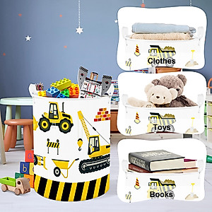 Clastyle 63L Large Yellow Engineering Car Kid Laundry Hamper with Handle Boy Bedroom Bathroom Nursery Collapsible Clothes Toy Storage Basket with Lid