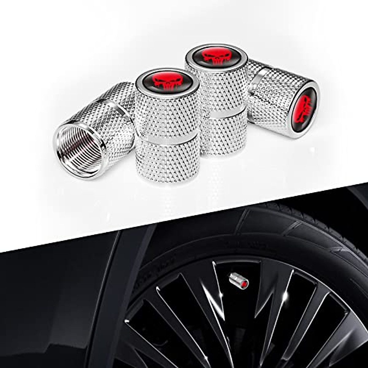 Ajxn Pack-4 Car Tire Valve Stem Caps, Skull Seal Tire Valve Caps for Most Cars, SUVs, Trucks and Bikes (Silver)