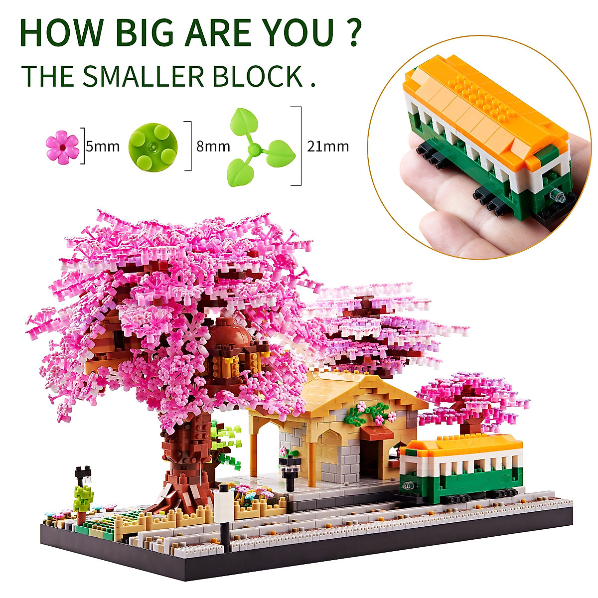 DOLBLOCK Japanese Cherry Blossom Tree Flower House Micro Building Blocks Set for Adults Bus Station Mini Bricks Model, Treehouse, Decorative Architectural Present Toy for Girl Children Age of 14+