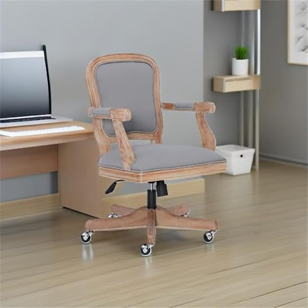 Riverbay Furniture 19" - 23" Seat Height Transitional Wood & Fabric Office Chair with Brushed Silver Casters, Gas Lift, Adjustable Height, Some Assembly Required, in Light Gray Finish