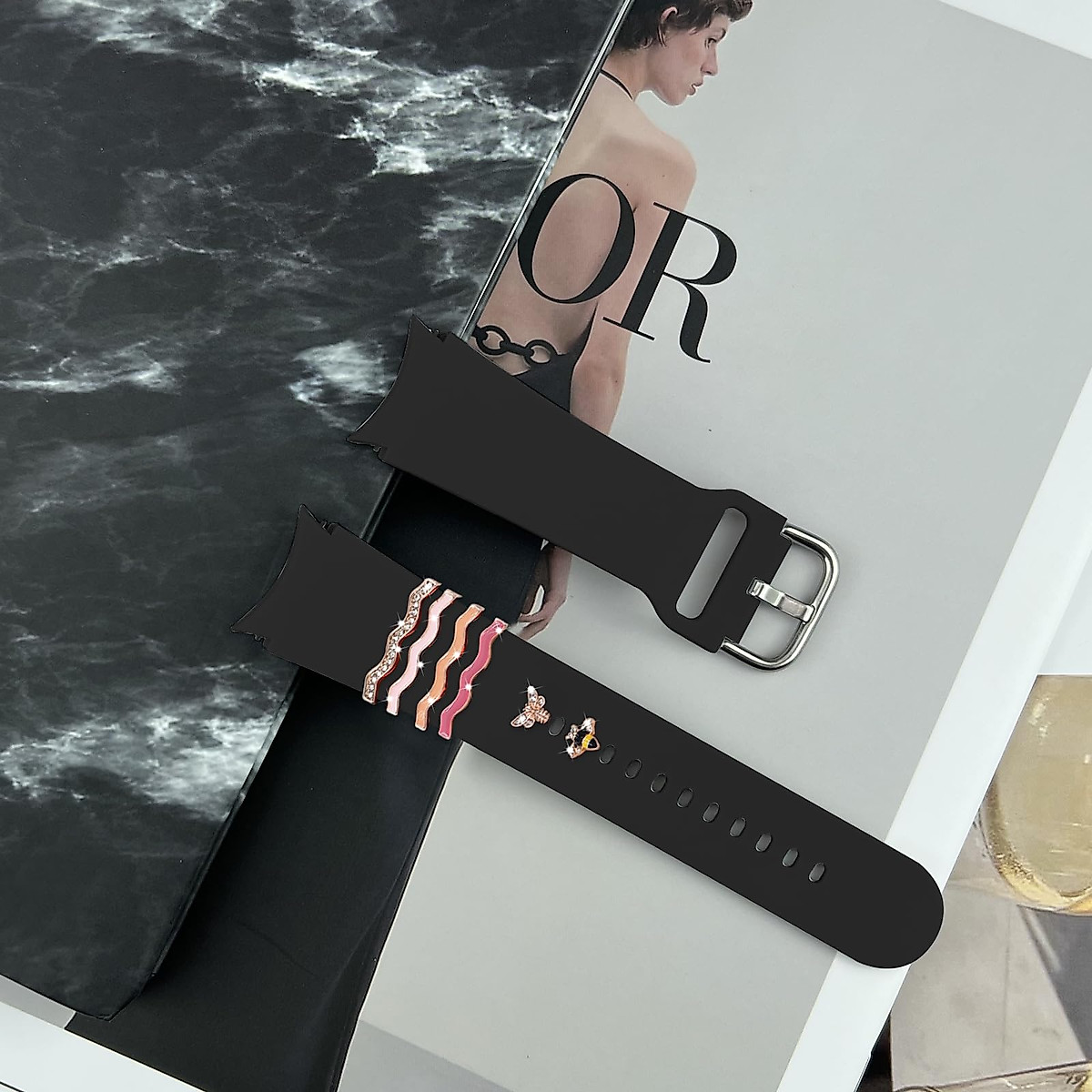 Kakurookie Band for Samsung Galaxy Watch 7 6 5 4 Band with Charms, Women Silicone Band with Metal Diamond Charms Accessories for Watch 6 Classic /Watch 5 Pro/Watch 4 Classic 47mm 46mm 44mm 43mm 42mm 40mm