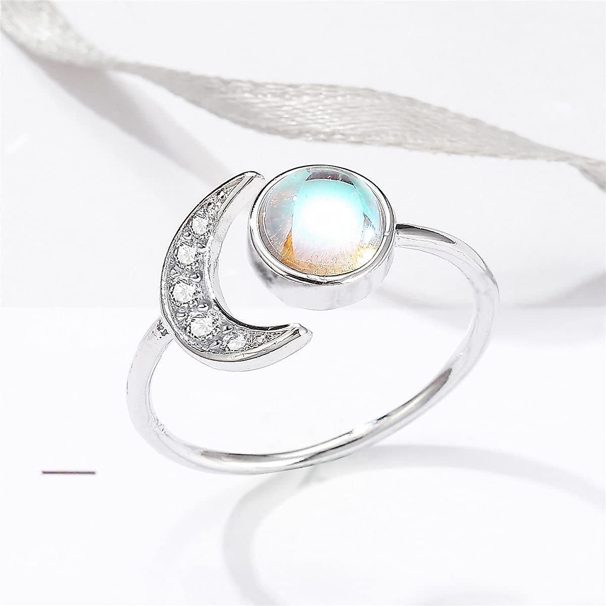 GOLD XIONG PADISHAH Exquisite 925 Sterling Silver Ring White Created selenite Sun and Moon Jewelry Birthday Princess Love Band Rings Open Size Adjustabl