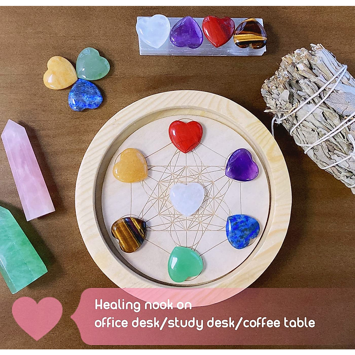 7 PCS Chakra Heart Crystals Pocket Natural Stones Polished Amethyst Palm Assorted Healing Crystal Love Shaped Gemstones 0.8" Set Reiki Energy Balancing Meditation Mother's Day Gift