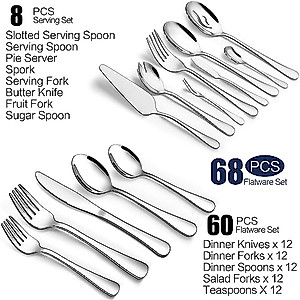 68-Piece Silverware Set with Serving Utensils, Heavy Duty Stainless Steel Flatware Set for 12, Food-Grade Tableware Cutlery Set, Utensil Sets for Home Restaurant, Mirror Finish, Dishwasher Safe