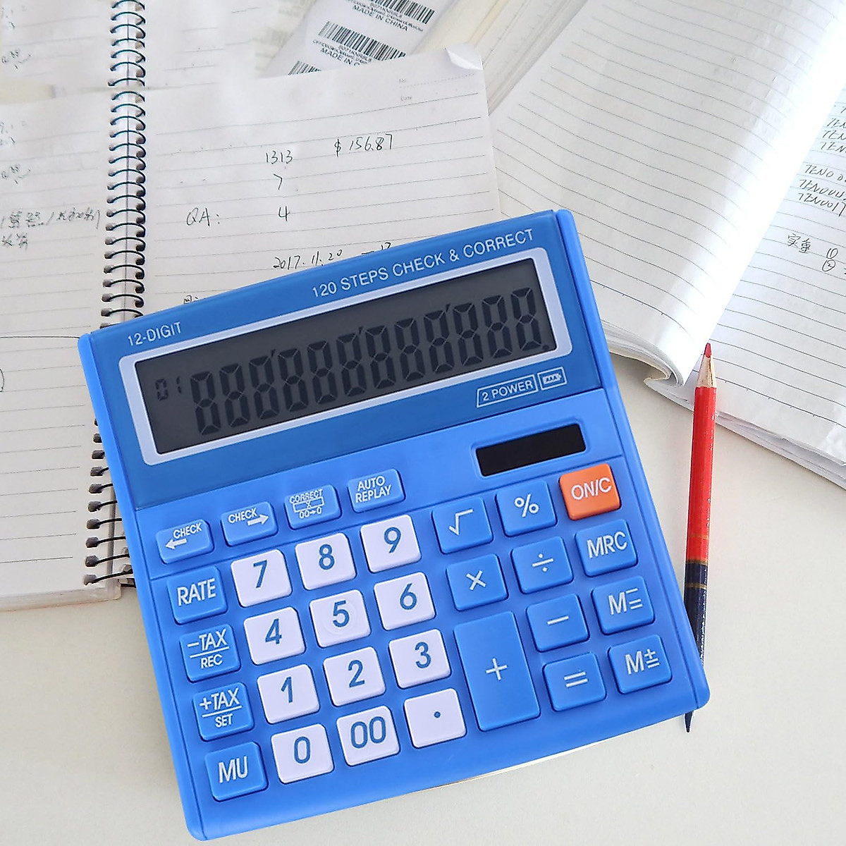 Office Desk Calculator 12 Digits with Solar Power and Easy to Read HD LCD Display, Big Buttons, for Financial Affairs,Home, Office, School, Class and Business,with Battery,Blue