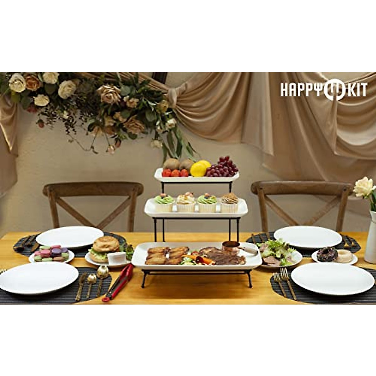 HAPPY KIT 3 Tier Serving Tray with Tong, Ceramic Rectangular Serving Platters for Cupcake Stand Display, 16/14/12inch Tiered Serving Tray with Collapsible Sturdy Metal Rack for Dessert Server Display