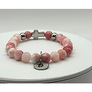Women's Cross Bracelet with Initial Charm, Pink White Jade Semi Precious Stones (7, Pink White Jade)