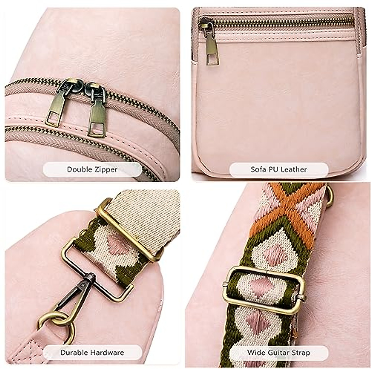 Osunnus Sling Bag for Women Crossbody Purses Trendy PU Leather Small Sling Backpack Chest Bag for Women with Wide Guitar Strap, Pink