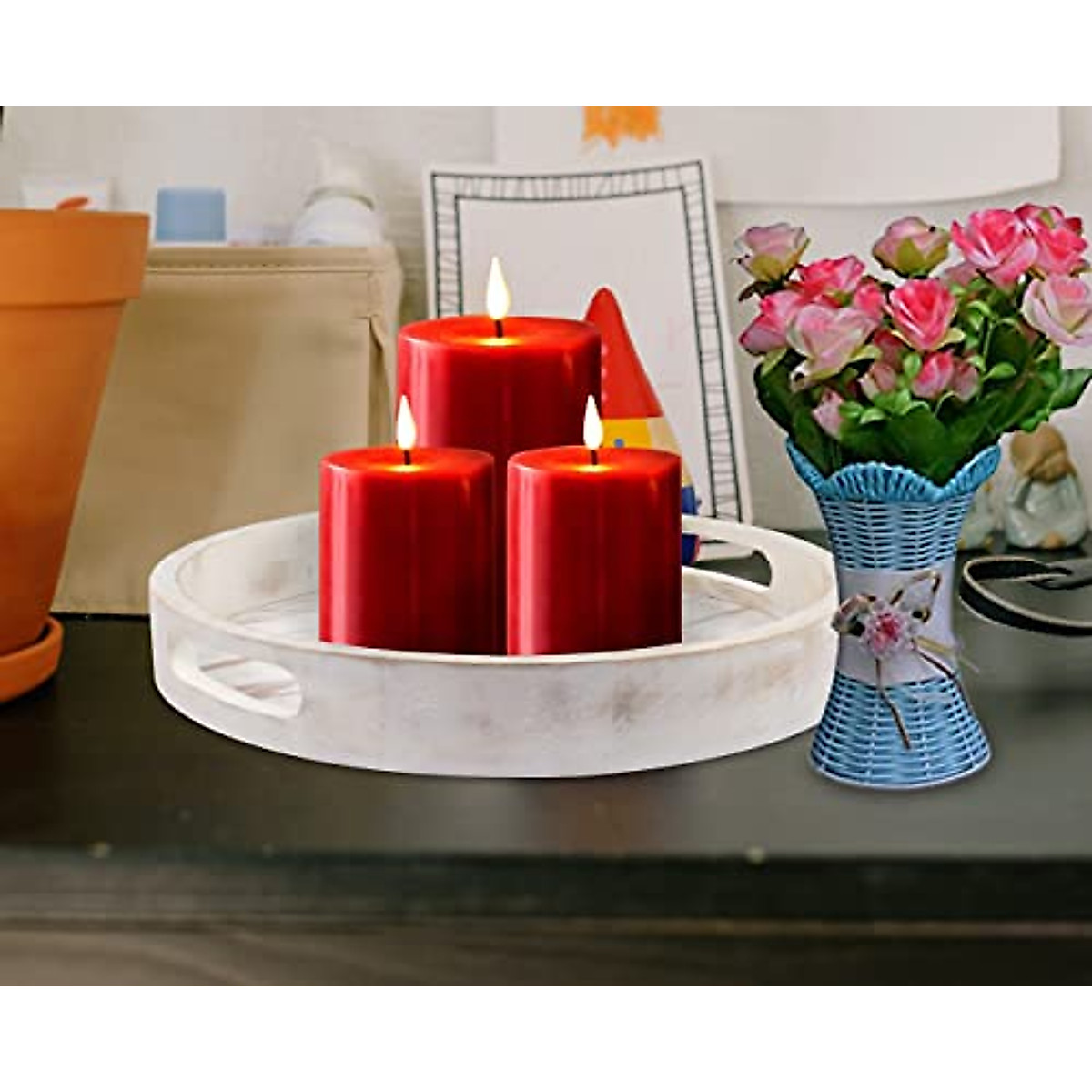 Winlay Decorative Coffee Table Tray, Set of 2 White, Wooden Round Serving Tray for Living Room, Wood Ottoman or Side Table, Charcuterie Board Cheese Platter, Fruit Baskets, White Distress, 12x12x1.5