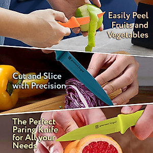 Gourmet Forged ColorSlice 3 PC Color-Coded Paring Knife Set. 5" Fruit Knife, 3.5" Paring, 3" Bird Beak Hook Peeler Curved Non Stick Dishwasher Safe Knives Sharp Stainless Steel Anti Rust