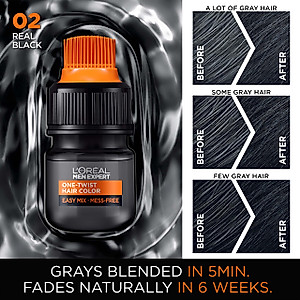 L’Oreal Paris Men Expert One Twist Mess Free Permanent Hair Color, Mens Hair Dye to Cover Grays, Easy Mix Ammonia Free Application, Real Black 02, 1 Application Kit