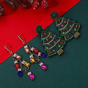 2 Pairs Christmas Earrings Beaded Christmas Tree Crystal Light Lamp Drop Dangle Earrings Xmas Statement Festive Holiday Earrings Accessory Gifts