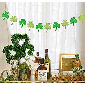 St. Patrick Day Banner Green Lucky Irish Glitter Shamrock Garland for Party Bar Home Hanging Decorations 25pcs with 29.5 ft Rope