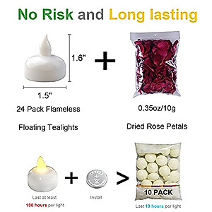 Homemory 24 Pack Waterproof Flameless Floating Tealights with Dried Rose Petals, Warm White Battery Flickering LED Tea Lights Candles - Wedding, Party, Centerpiece, Pool & SPA
