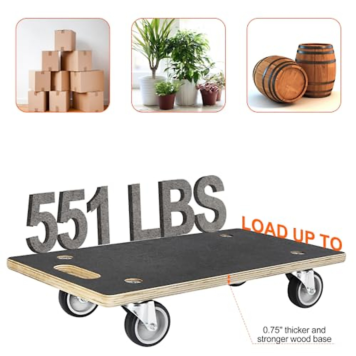 Katsuyoku furniture movers with Wheels 2 pack rectangle wood platform dolly cart 550 Lbs capacity heavy duty furniture mover carrier with 4 Wheels small moving dolly, heavy objects hauling