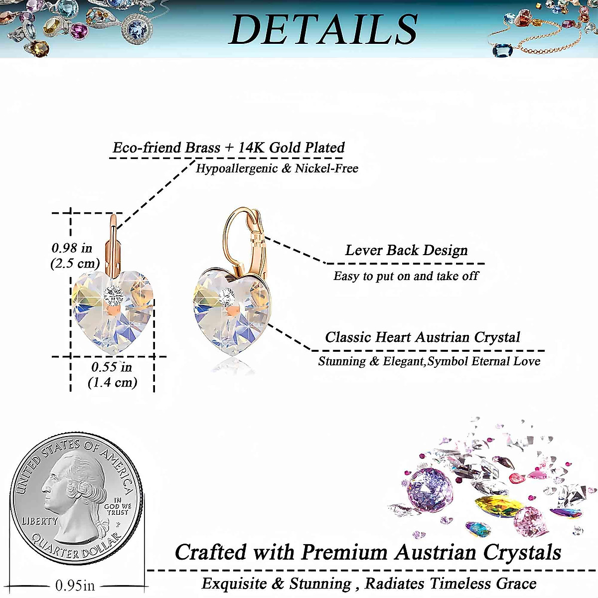 Austrian Crystal Heart Drop Leverback Earrings for Women 14K Rose Gold Plated Hypoallergenic Jewelry (Aurora Borealis)