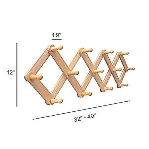 Mila Millie Expandable Accordion Style Mounted Wooden Wall Rack | 13 Hooks | Versatile Coat Hangers for Nursery Bathroom Bedroom Livingroom Kitchenware | Natural Beech Wood Pegs