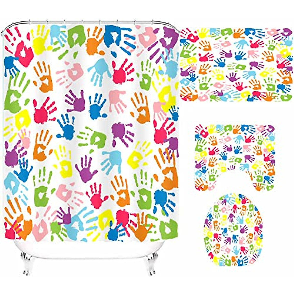 NTETSN 4 PCS Watercolor Shower Curtain, Handprint in Rainbow Color Bathroom Curtain Sets for Kids,Non-Slip Rugs, Toilet Lid Cover, Bath Mat, 12 Hooks for Curtain 72x72 Inch SETYYNT4