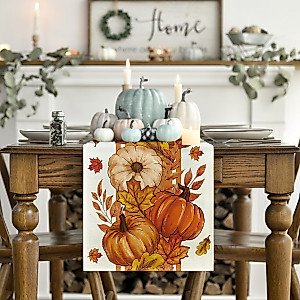 Artoid Mode Orange Pumpkin Maple Leaf Stripes Fall Table Runner, Seasonal Autumn Kitchen Dining Table Decoration for Home Party Decor 13x72 Inch