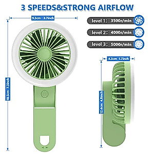 Mini Handheld Fan with LED Light, Adjustable USB Rechargeable Small Portable Personal Fan Foldable Stroller Desk Table Fan for Kids Girls Woman Home Office Outdoor Travel (Green)