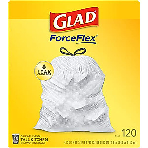 GLAD ForceFlex Tall Drawstring Trash Bags, 13 Gallon White Trash Bags for Tall Kitchen Trash Can, Unscented Leak Protection Bags, 120 Count - Packaging May Vary