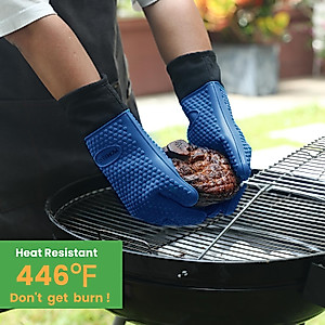 GEEKHOM Royal Blue BBQ Gloves, Heat Resistant Silicone Oven Mitts, Long Waterproof Non-Slip Pot Holder for Grilling, Cooking, Baking
