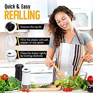 The Original Salt and Pepper Shakers set - Black & White - Spice Dispenser with Adjustable Pour Holes - Stainless Steel & Glass - Set of 2 Bottles