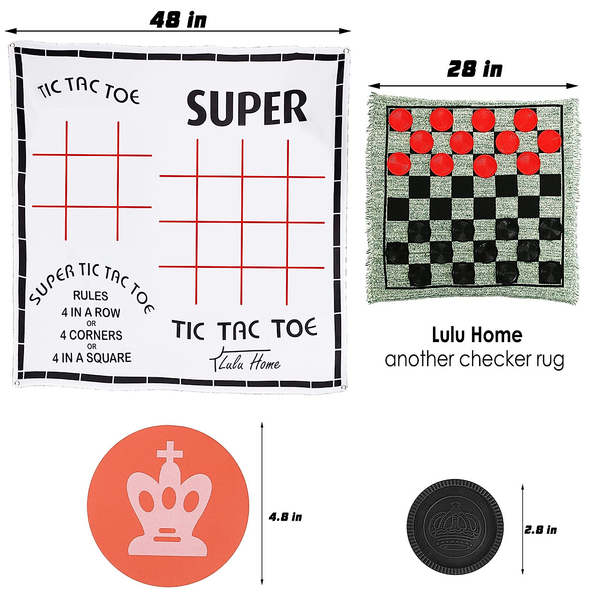 Lulu Home 4-in-1 Jumbo Chess Board Game, 4FT x 4FT Giant Tic Tac Toe Chess Checkers Game Mat & Pieces Portable with Bag, Classic Checkers Rug Game for Indoor Outdoor Family Fun