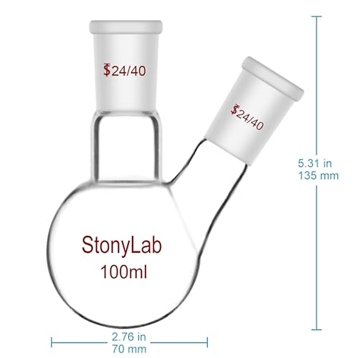 StonyLab Glass Heavy Wall 2 Neck Round Bottom Flask with 24/40 Center and Side Standard Outer Joint