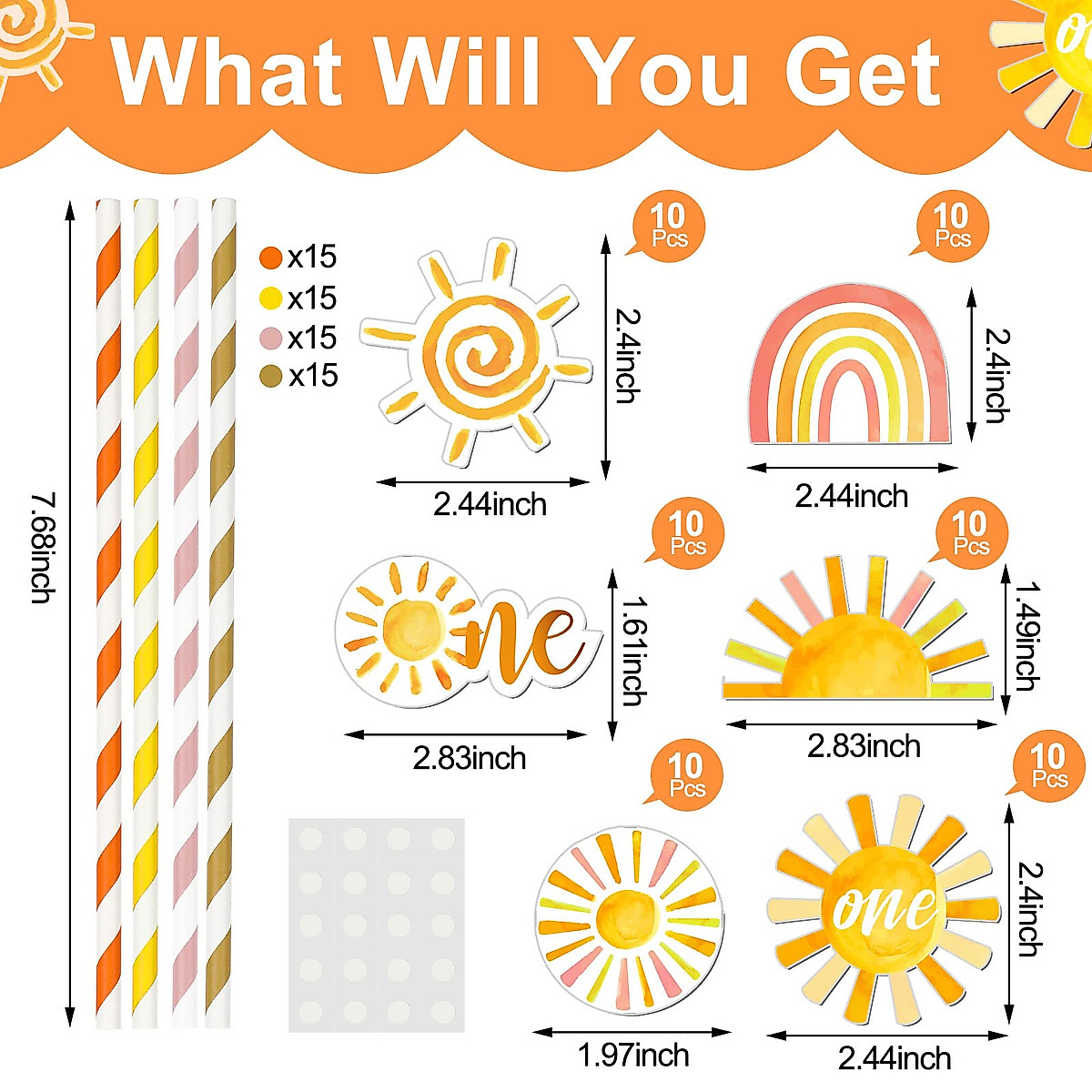 Perkoop 60 Sets First Trip Around the Sun Birthday Party Paper Straws Sun Themed Stripes Straws Rainbow Drinking Straws for Sun 1st Birthday Theme Party Baby Shower Favors Decorations