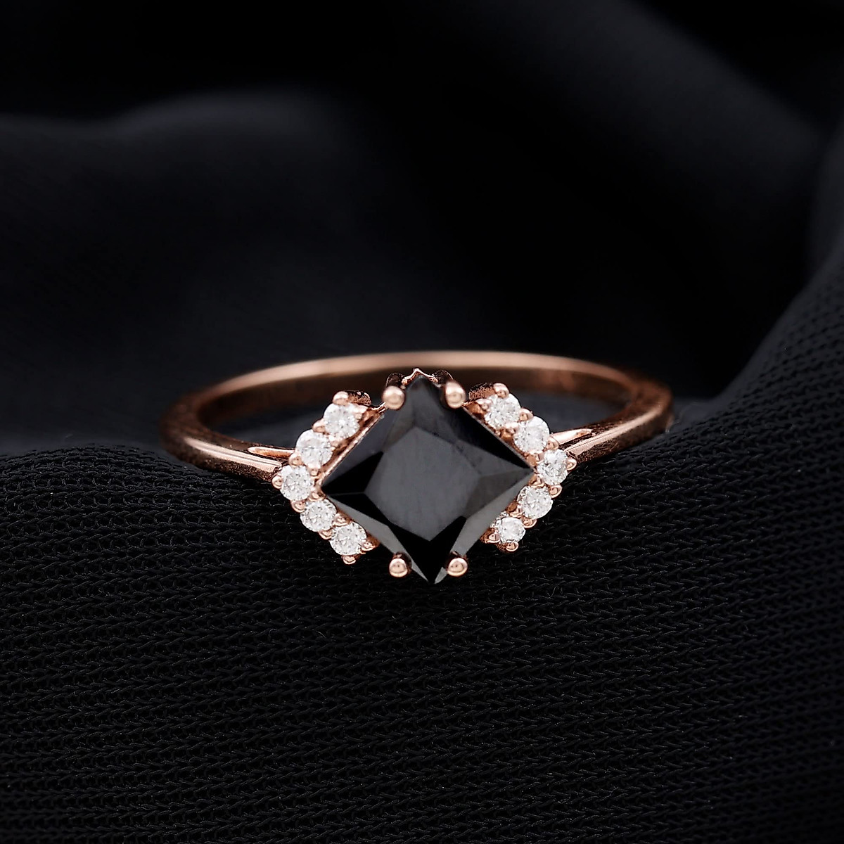 Certified Lab Grown Black Diamond Princess Cut Engagement Ring, AAAA Quality, Black and White Diamond Ring, 14K Rose Gold, Size:US 6.00